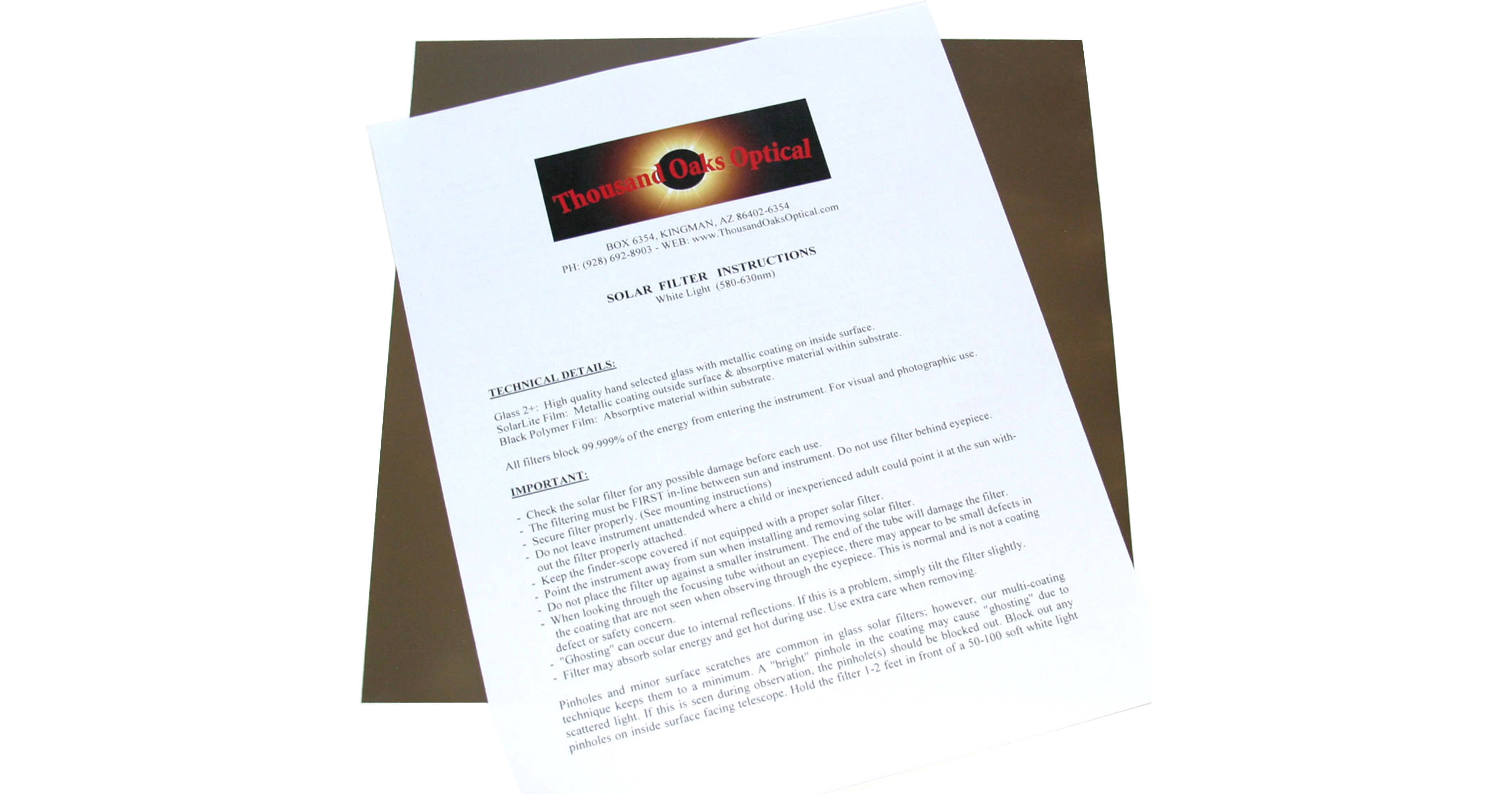 Thousand Oaks Optical SolarLite White-Light Solar Filter SL8511