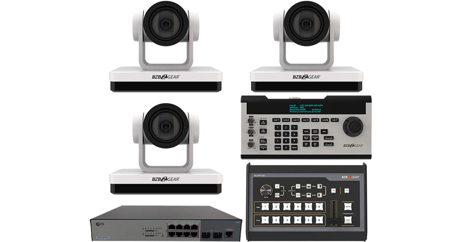 BZBGEAR 3 x 12x PTZ Camera Broadcast BG-KIT3CAMBROADCASTER-12X-W