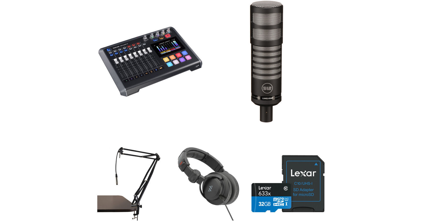 TASCAM Mixcast 4 Podcast Value Kit with Limelight Mic, Boom Arm,